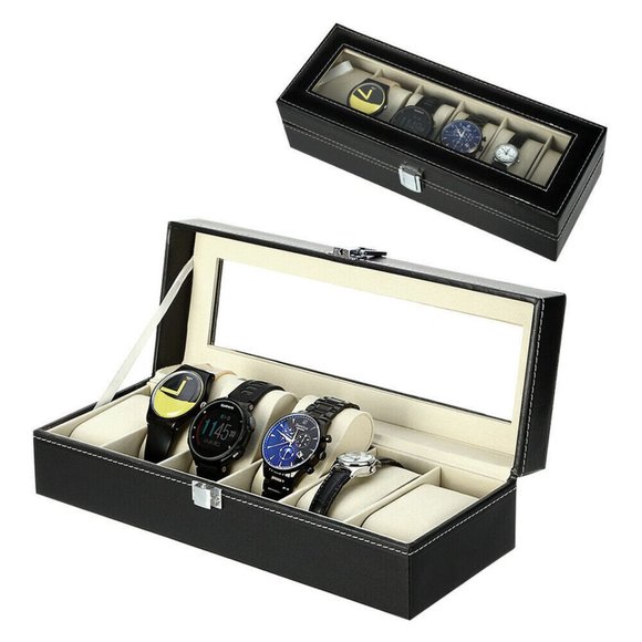 Accessories | 6 Slot Leather Watch Box Display Case Organizer Glass ...